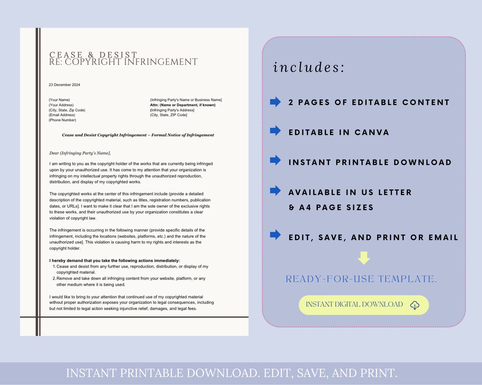 Cease and Desist Letter for Copyright Infringement Letter Template ...