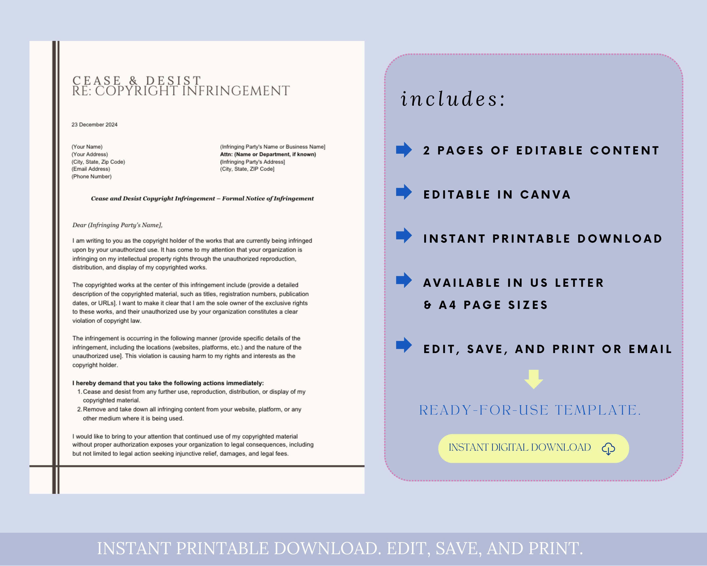 Cease and Desist Letter for Copyright Infringement Letter Template ...