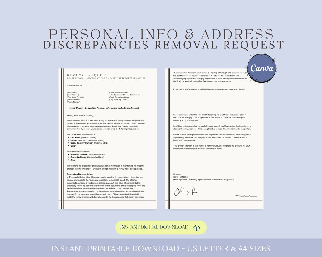 Removal Request Personal Information and Address Discrepancies, Credit ...