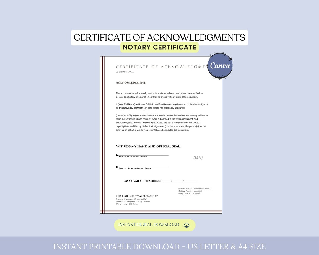 Notary Certificate of Acknowledgments, Notarial Certificate, Notary ...