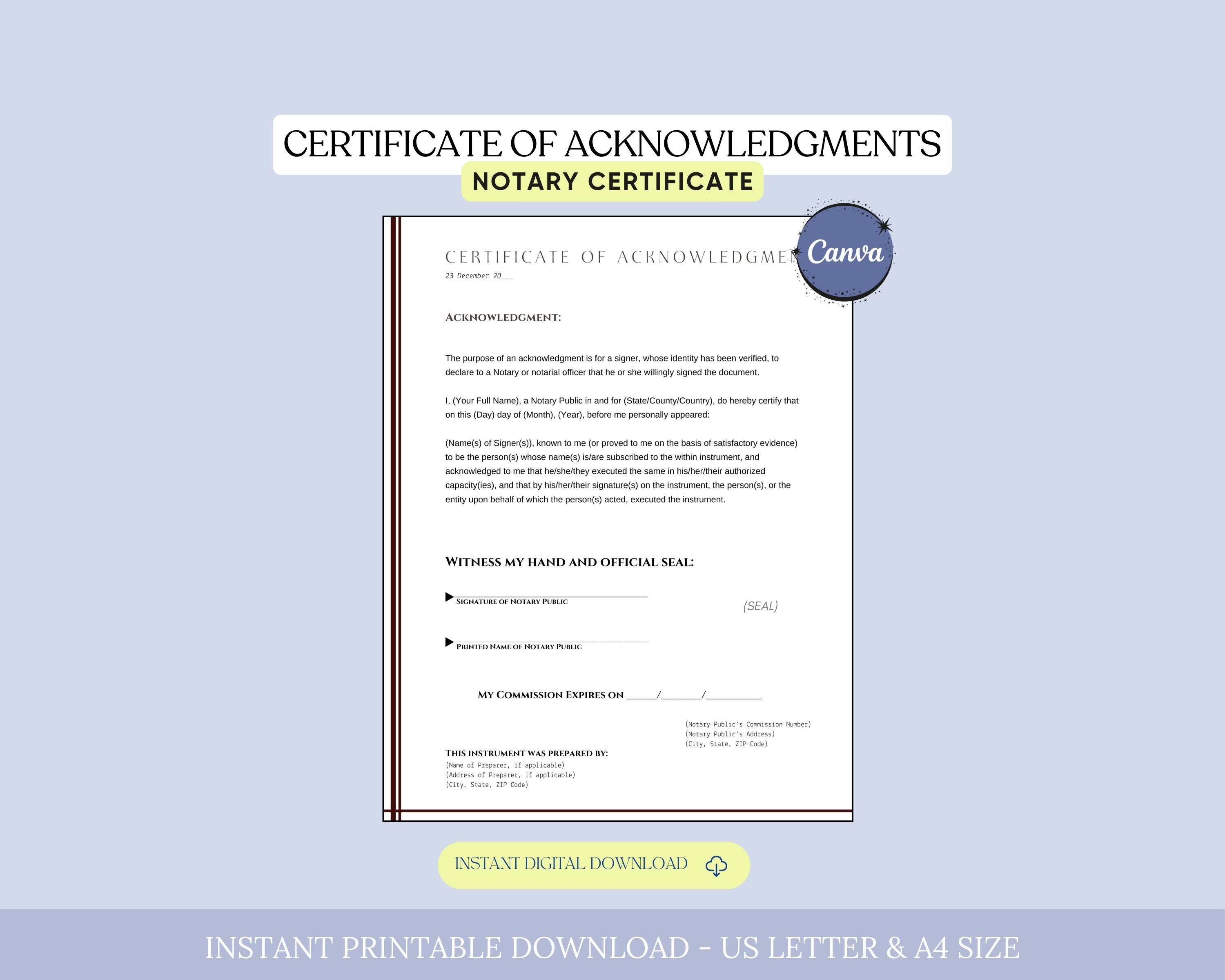 Notary Certificate of Acknowledgments, Notarial Certificate, Notary ...