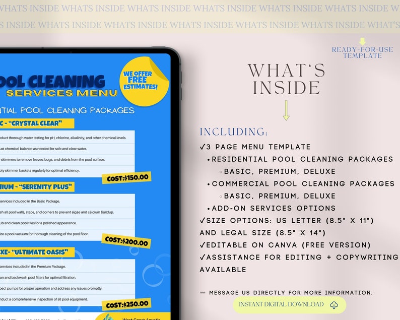 Pool Cleaning Services Menu, Pool Maintenance Menu, Pool Menu, DIY Menu ...