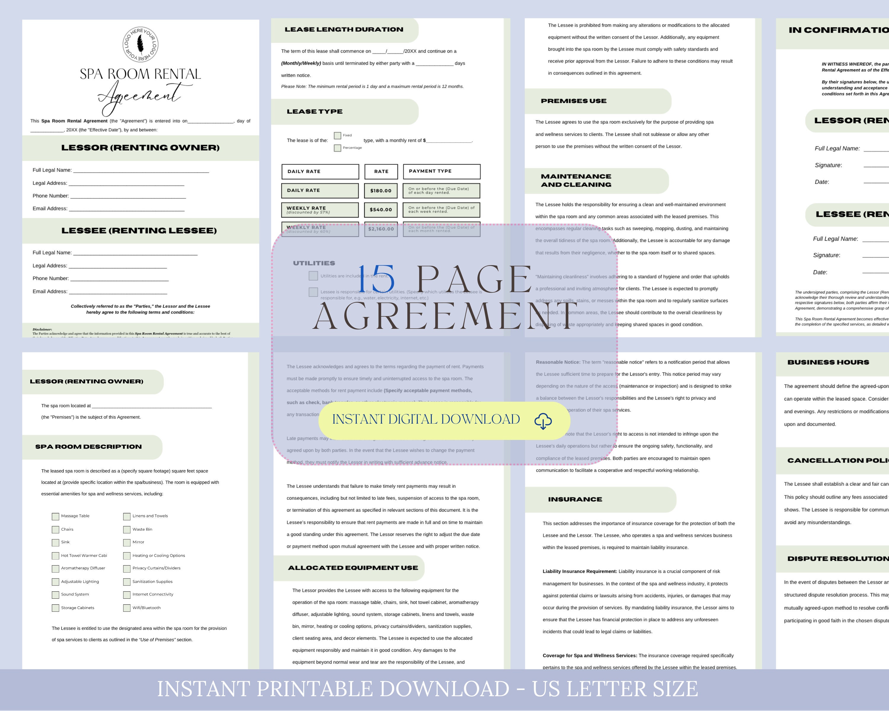 Spa Room Rental Agreement, Massage Room Rental Contract,esthetician ...