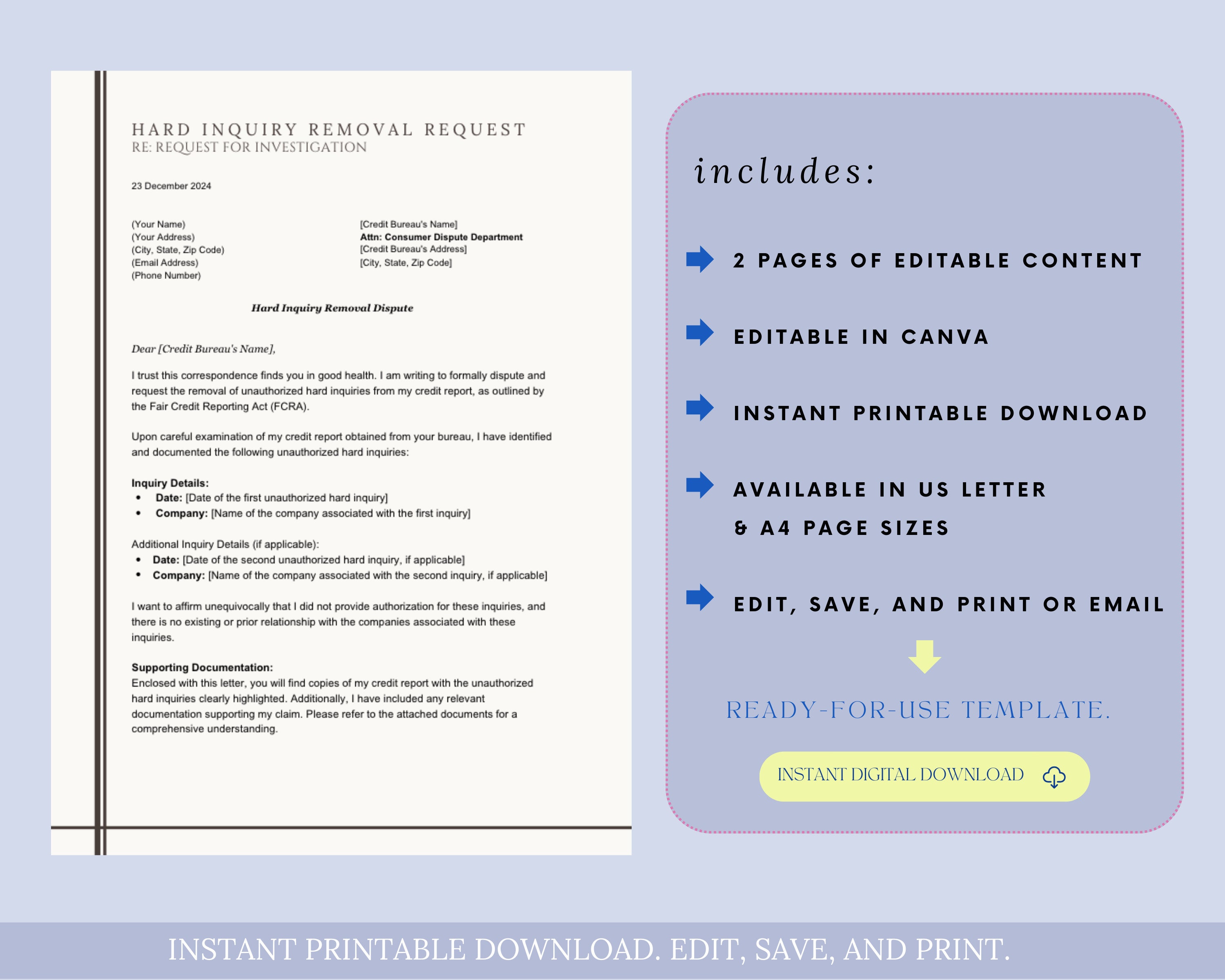 Hard Inquiry Removal Request, Request for Investigation Dispute Letter ...
