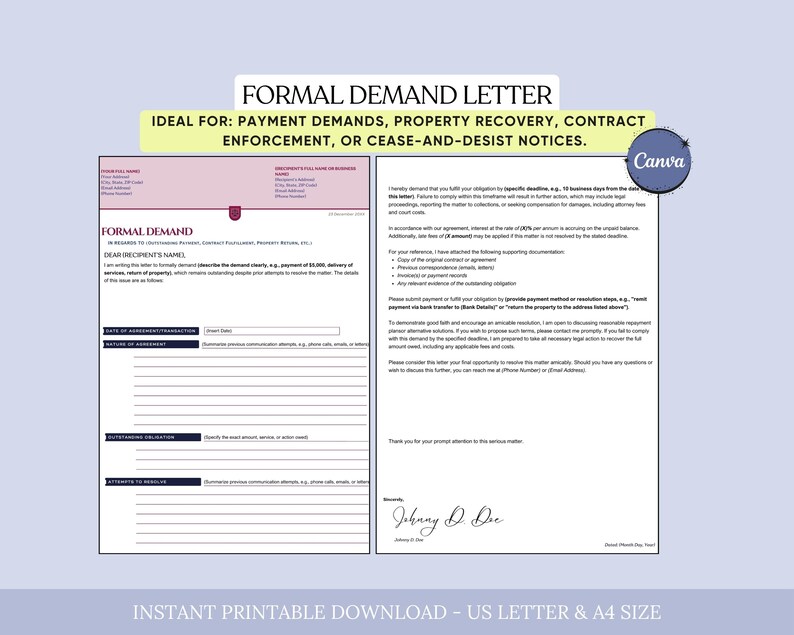 Formal Demand Letter Template for Payment Demands,property Recovery ...