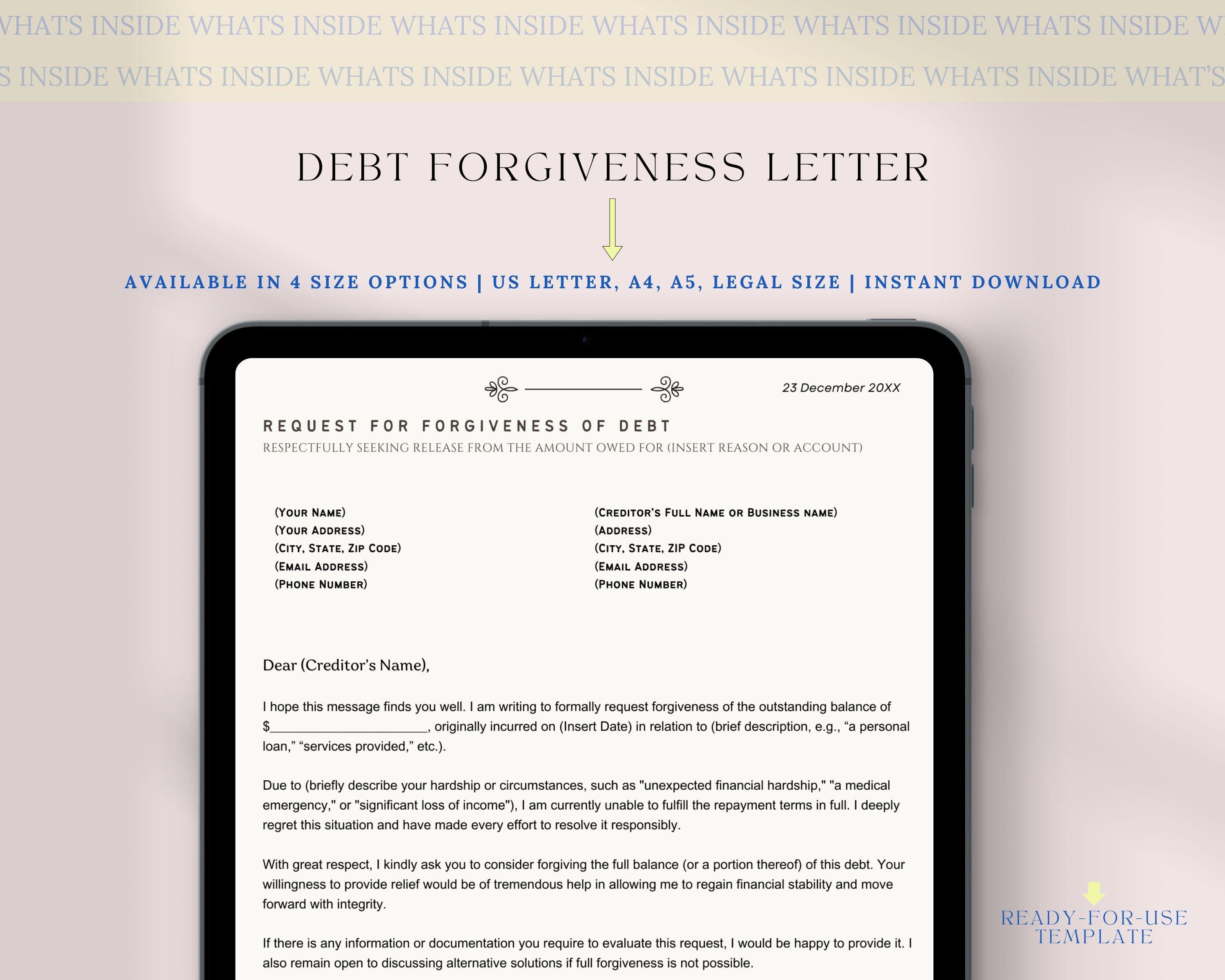 Debt Forgiveness Letter Template, Debt Forgiveness Request Letter, Editable Debt Relief Letter ...