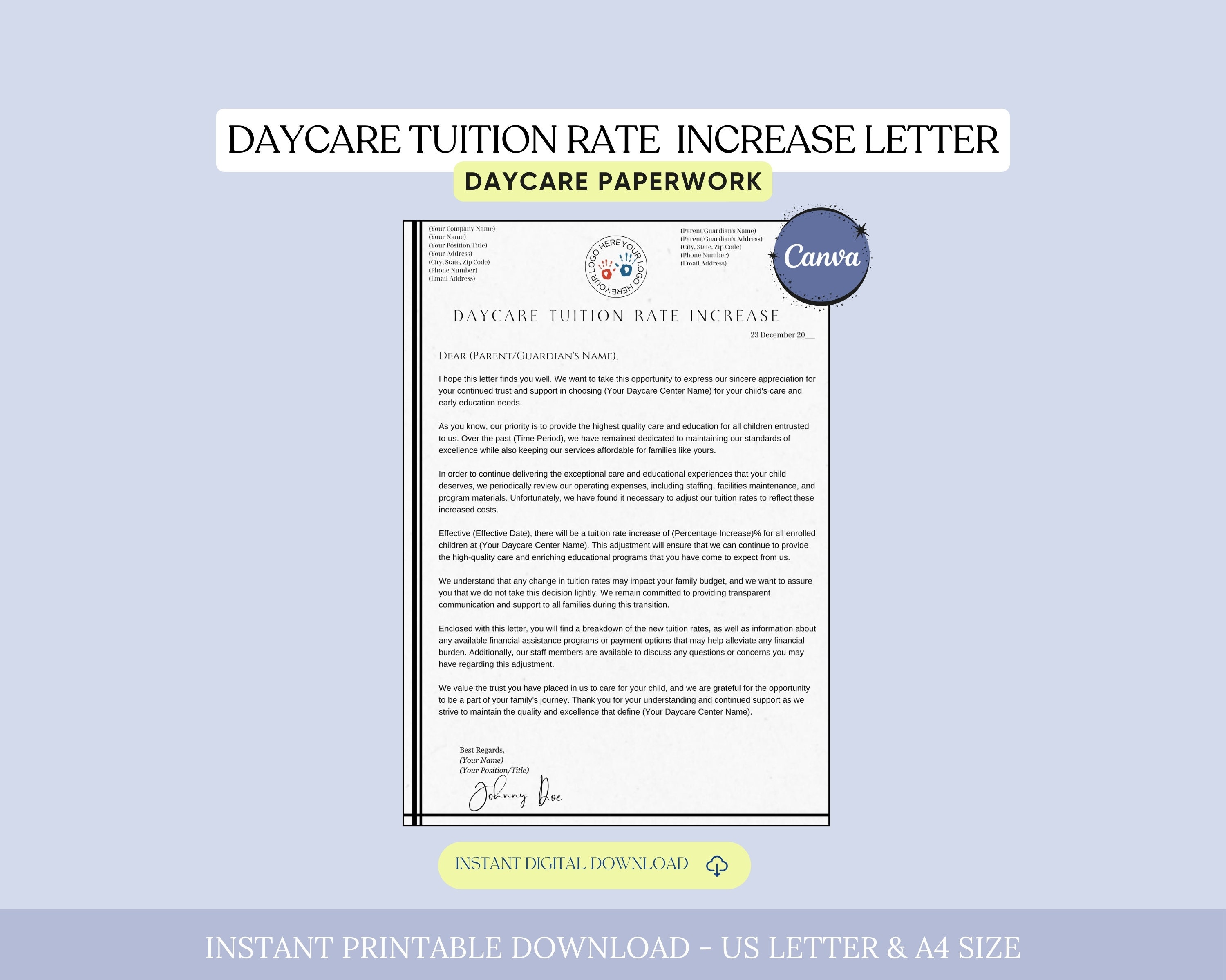 Daycare Tuition Rate Increase Letter Template, Childcare Rate Increase ...