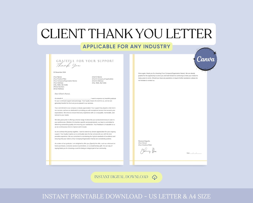 General Client Thank You Letter Template, Client Gratitude Letter ...