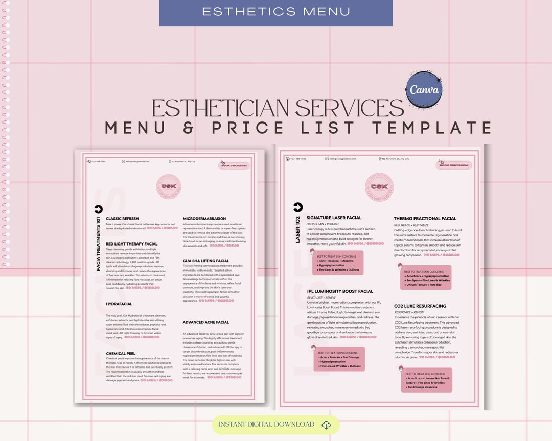 Custom Esthetician Price List Design Templates, Facial Treatment Menu ...