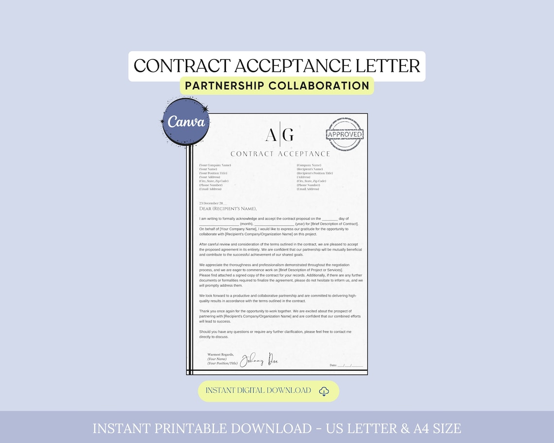 Contract Acceptance Letter Template, Approved Business Deal Letter ...