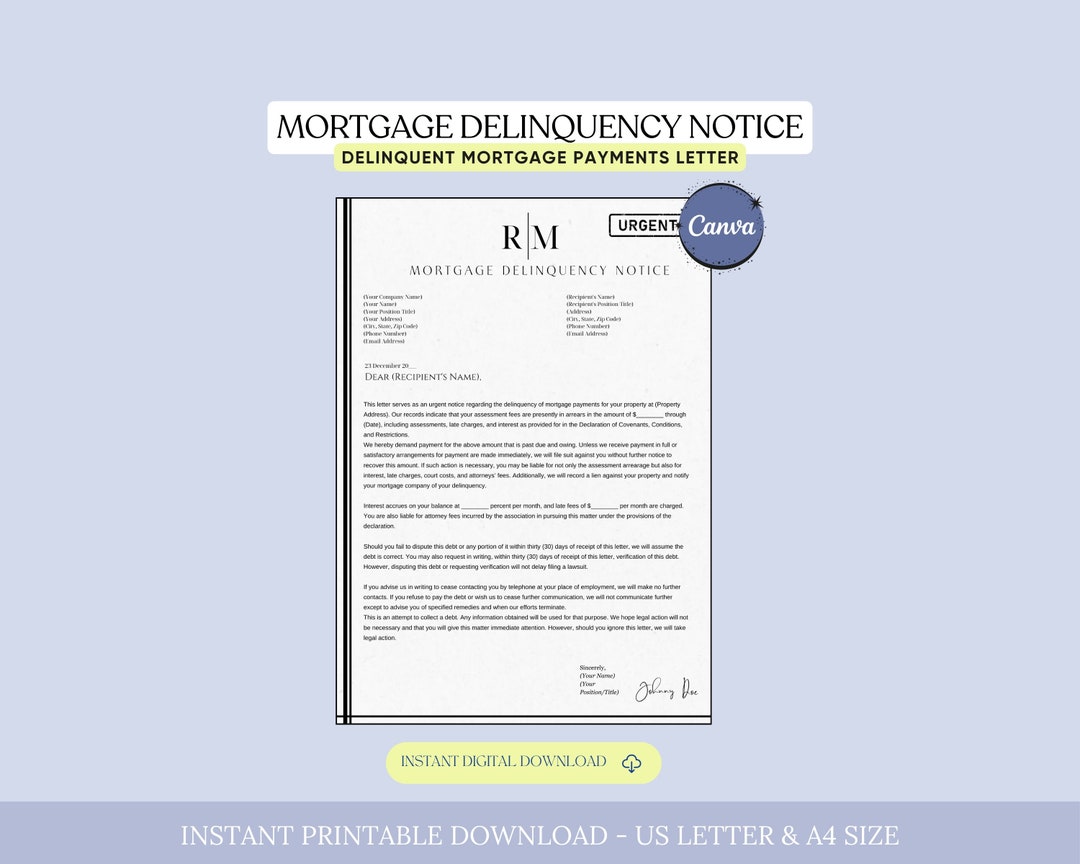 Mortgage Delinquency Notice, Mortgage Payment Reminder, Mortgage Late ...