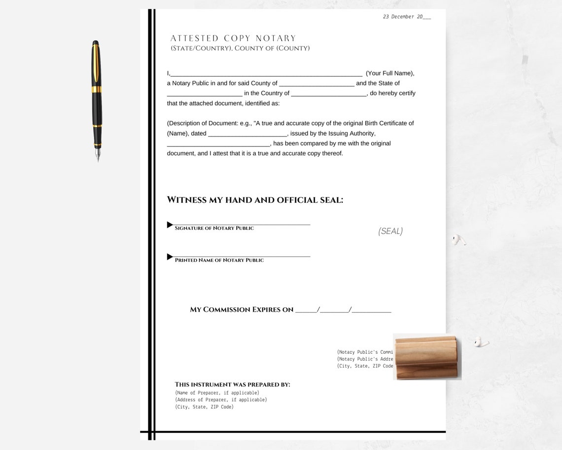 Attested Copy Notary Form Template, Notarial Certificate, Notary Public ...