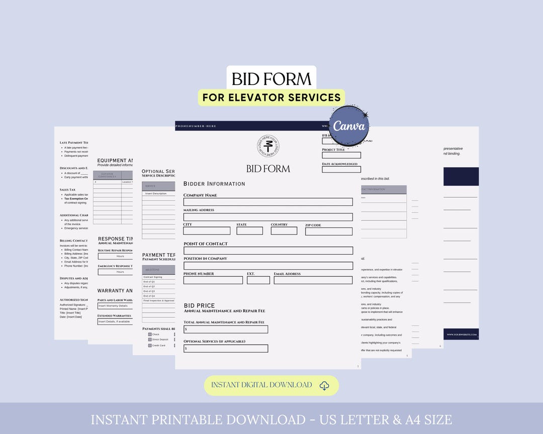 Elevator Services Bid Form Template, Printable Elevator Maintenance ...