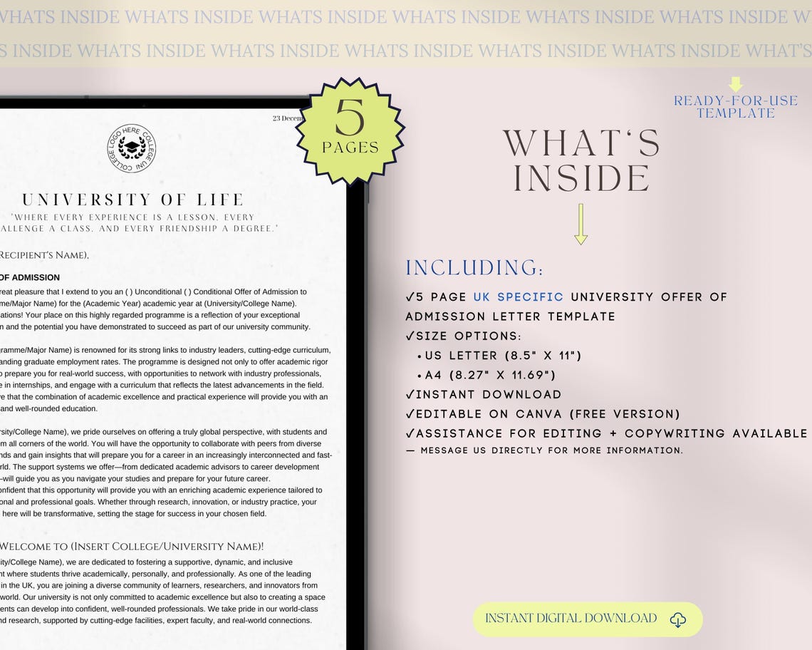 University Admission Offer Letter Template (uk-specific, Extended ...