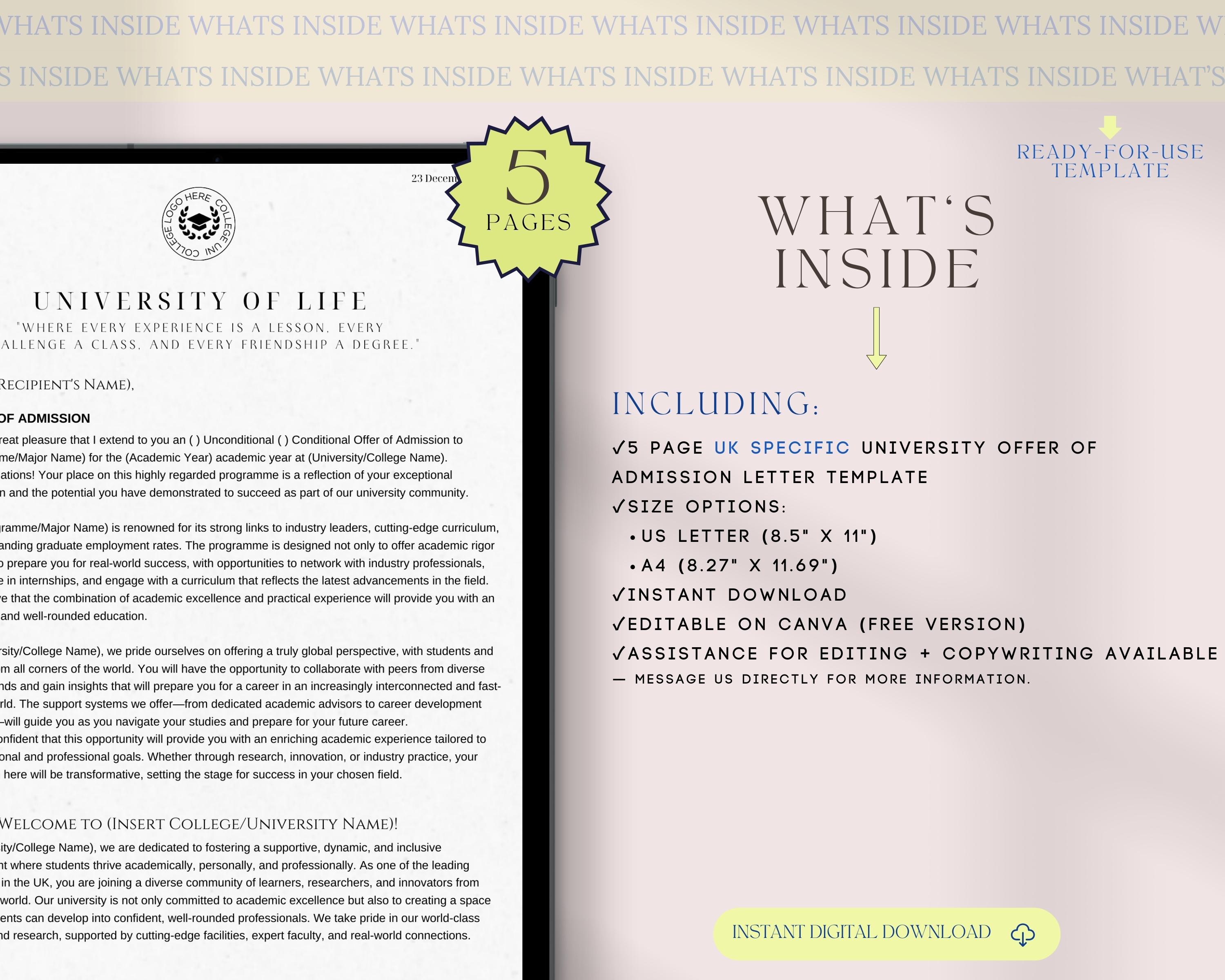 University Admission Offer Letter Template (uk-specific, Extended ...