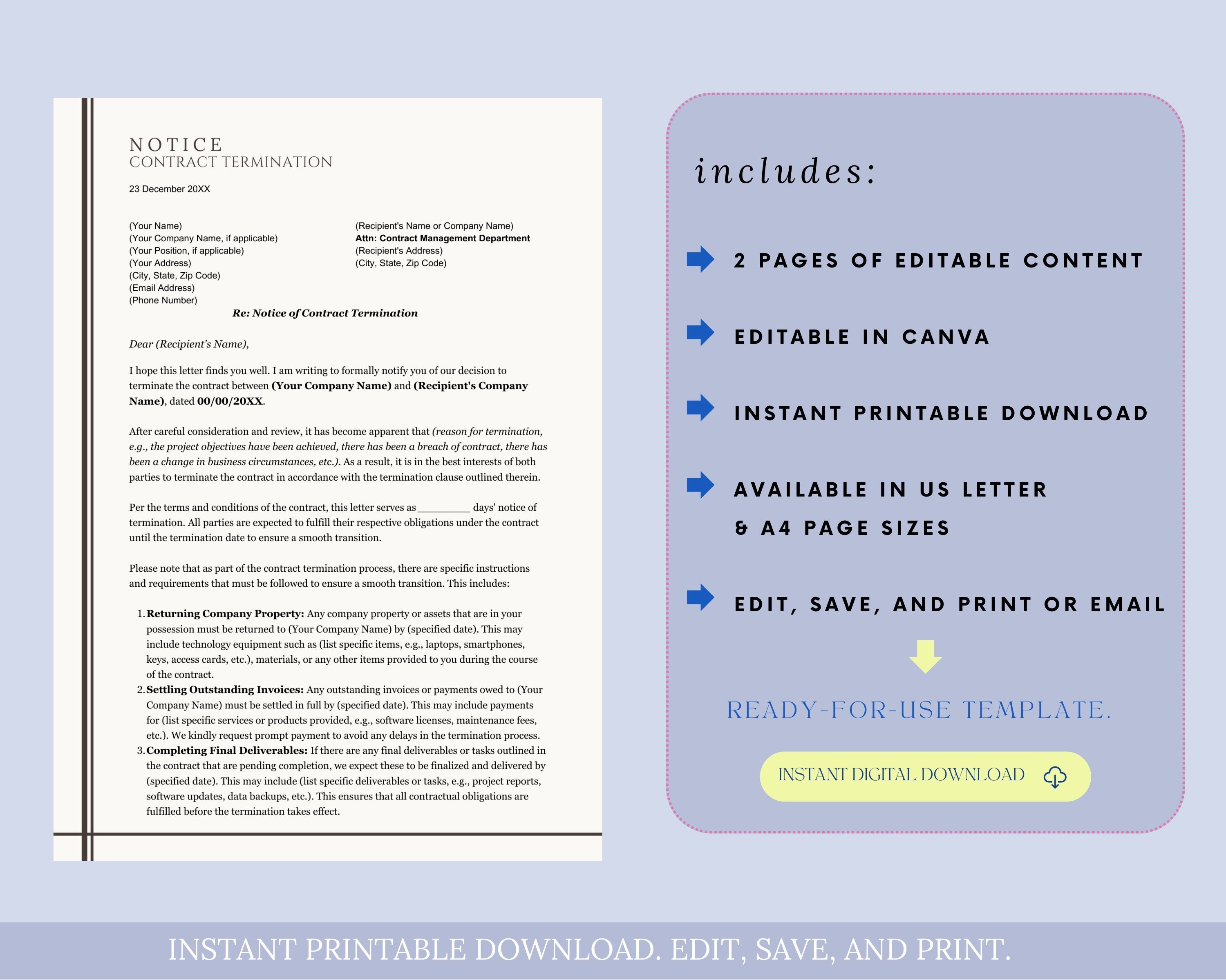 Notice of Contract Termination Letter, End of Contract Notification ...