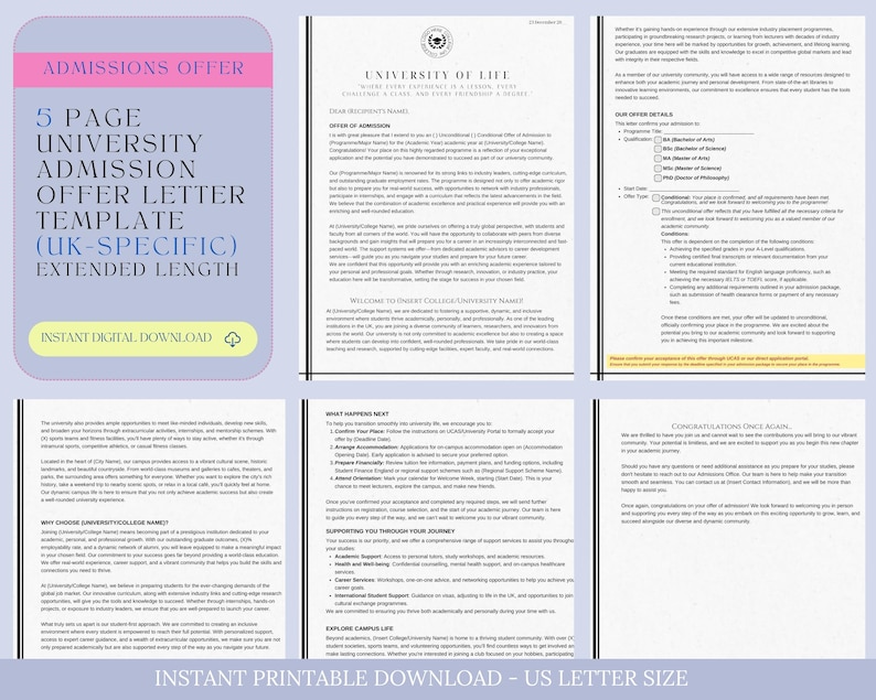 University Admission Offer Letter Template (uk-specific, Extended ...