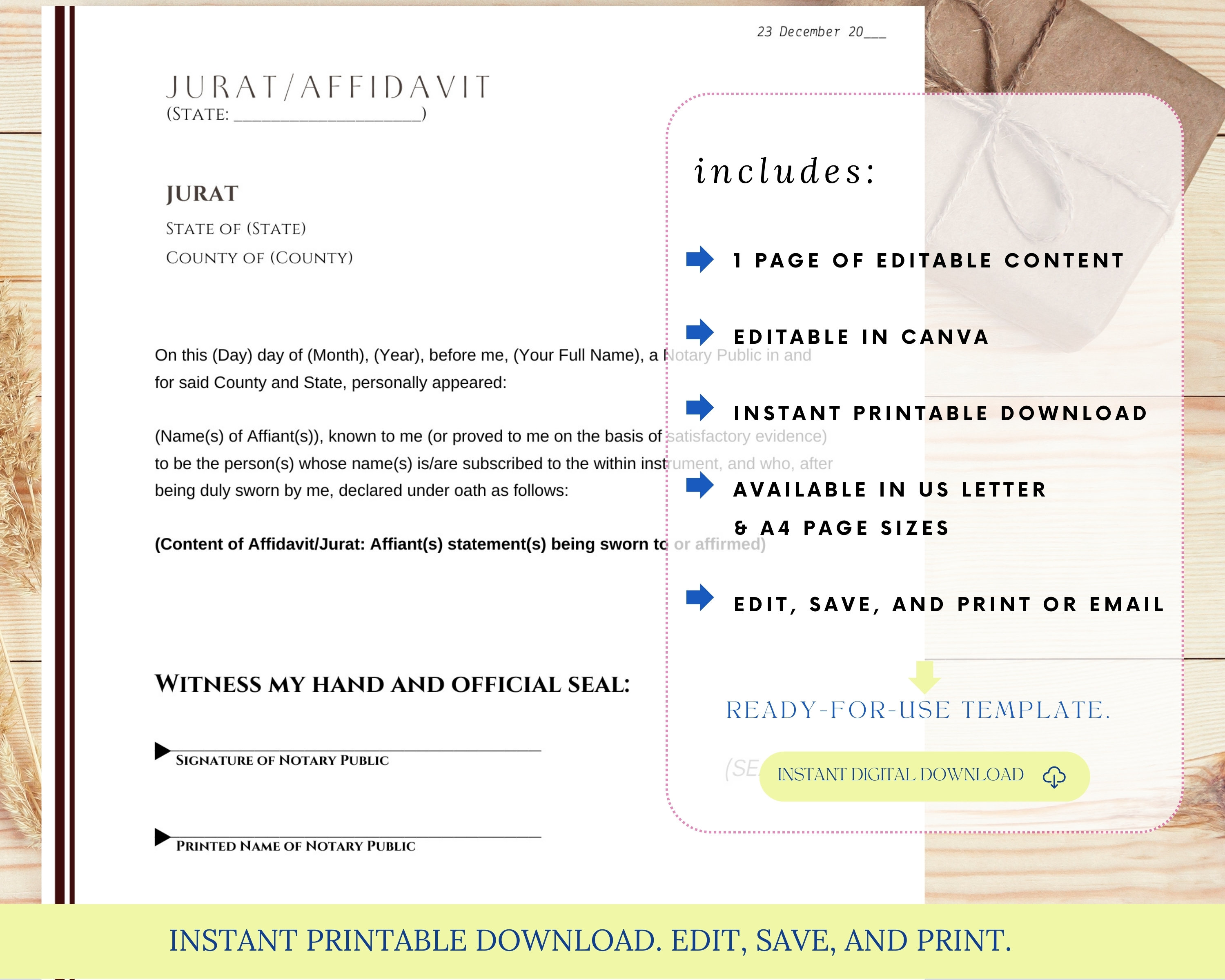 Jurat/affidavit Notary Certificate Letter Template, Notarial ...