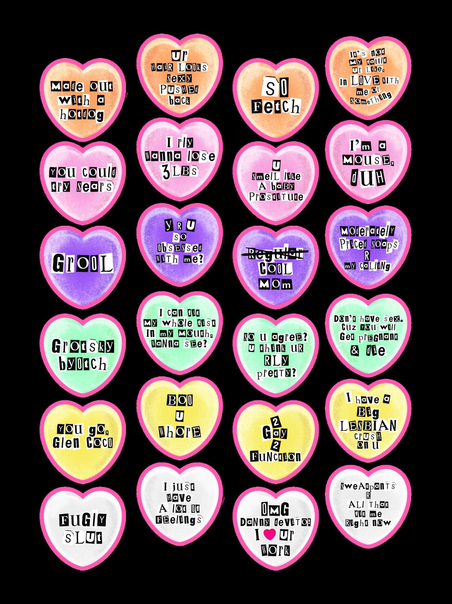 Mean Hearts Sticker Sheet - Mean Girls Conversation Hearts - Etsy