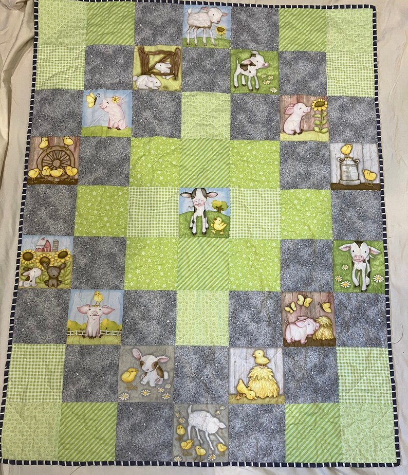 Farm Animals Green & Grey Handmade Patchwork Gender Neutral Baby or ...