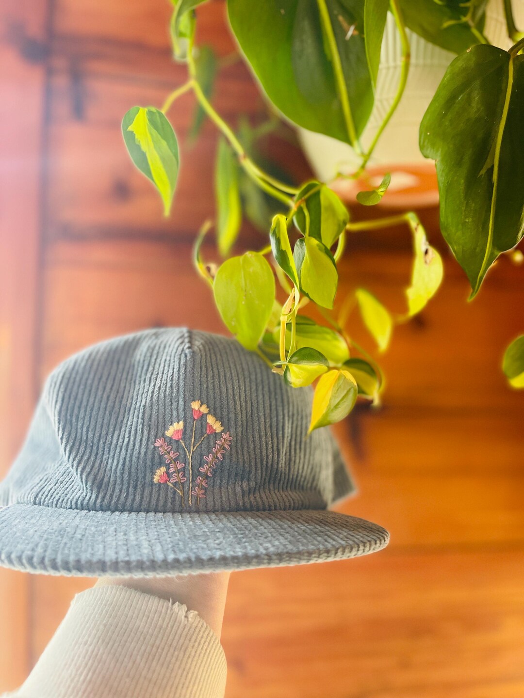 Slate Blue Corduroy Slouchy Hat, Minimalist Cap, Hand Embroidered Flowers, Simple Cap. - Etsy