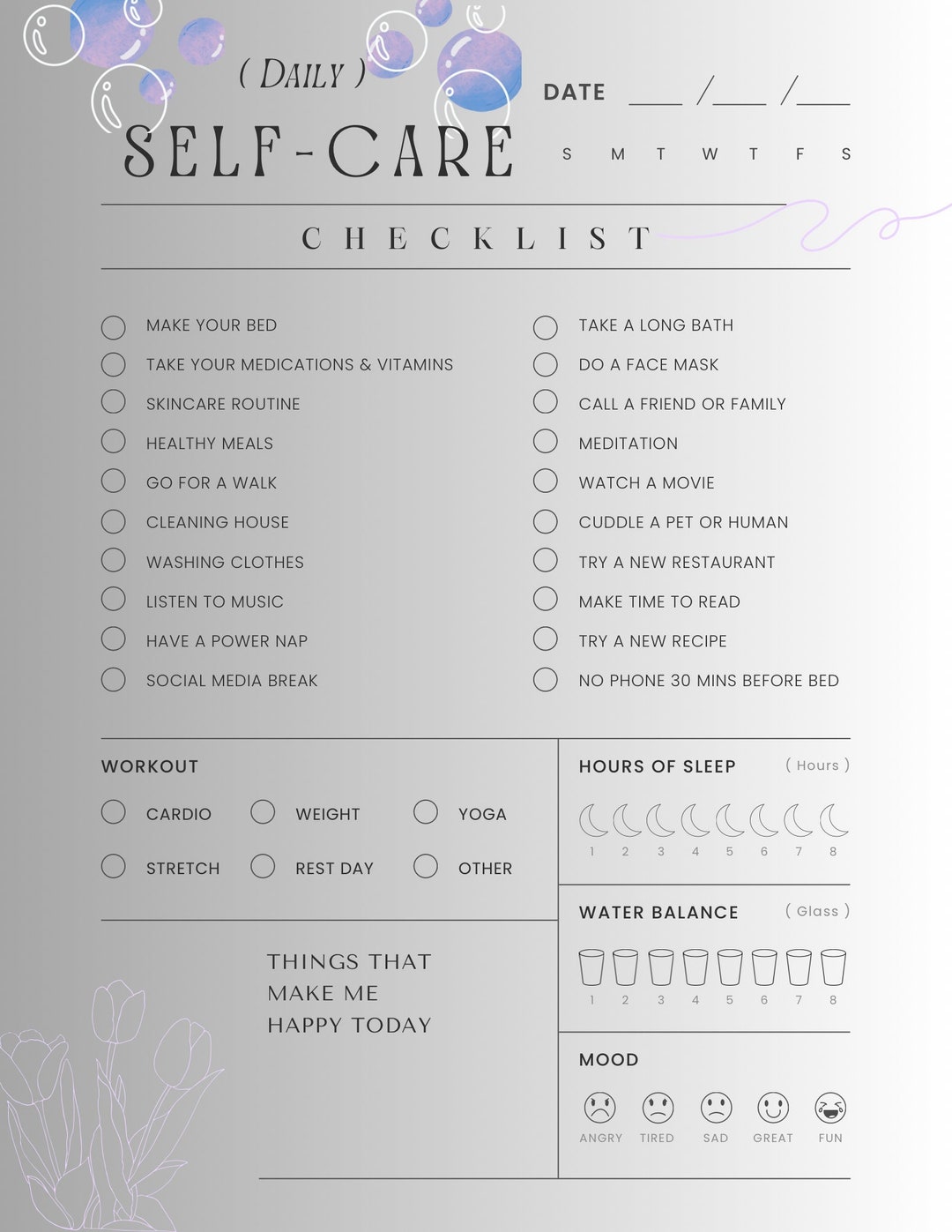 White Grey Minimalist Self Care Checklist, Water Intake List, Daily ...