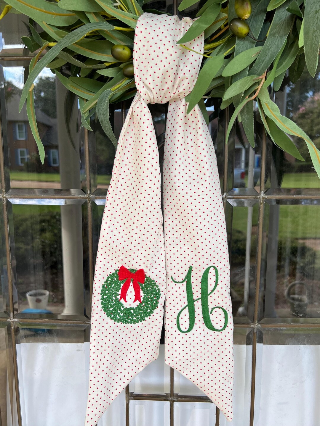 Christmas Wreath Sash Monogrammed Initial Front Door Bow Sash ...