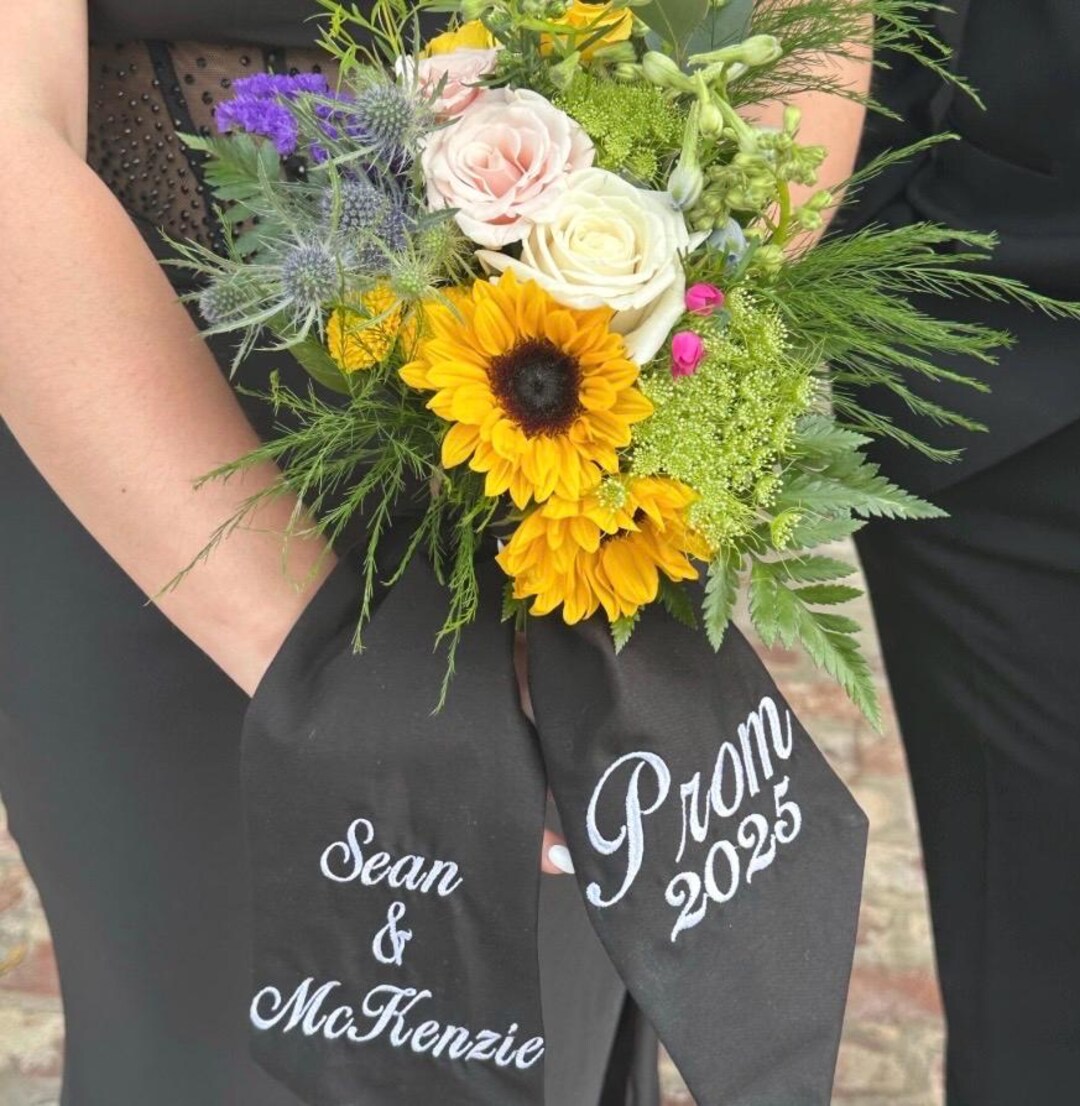 Custom Embroidered Bouquet Wrap Sash Bow HOCO Prom Bouquet Sash With ...