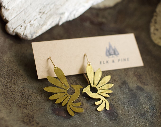 Gold Phoenix Earrings, Hammered Brass, Textured Bird Earrings, Mythical ...