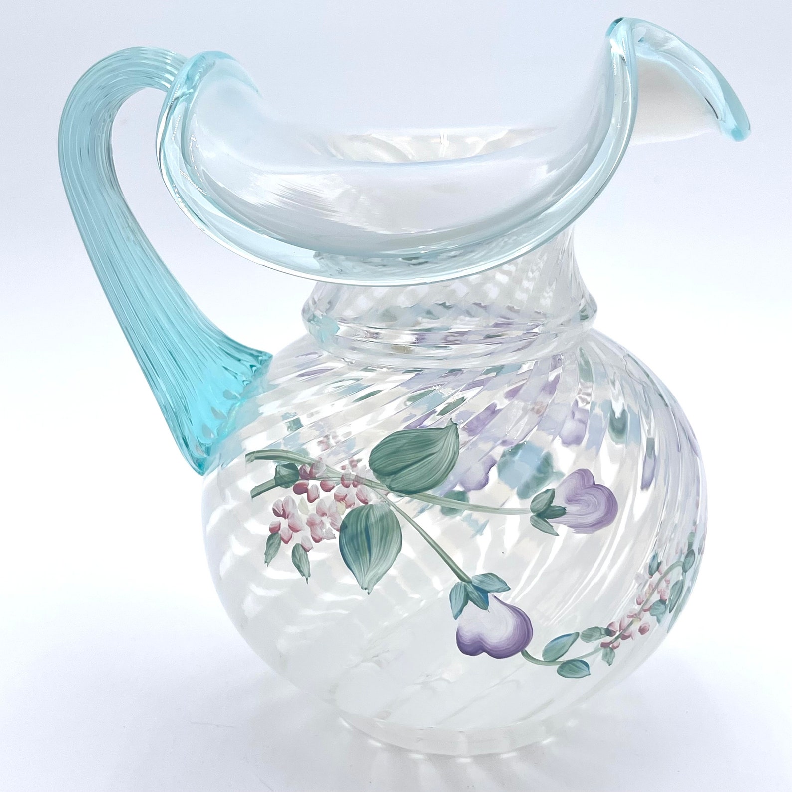 Fenton Aqua Crest Opalescent Pitcher Ruffle Swirl Optic Painted Signed ...