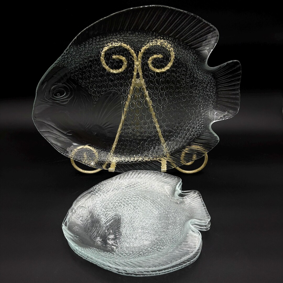 Arcoroc Fish Clear Poisson Serving Platter & 4 Plates Set Made France ...