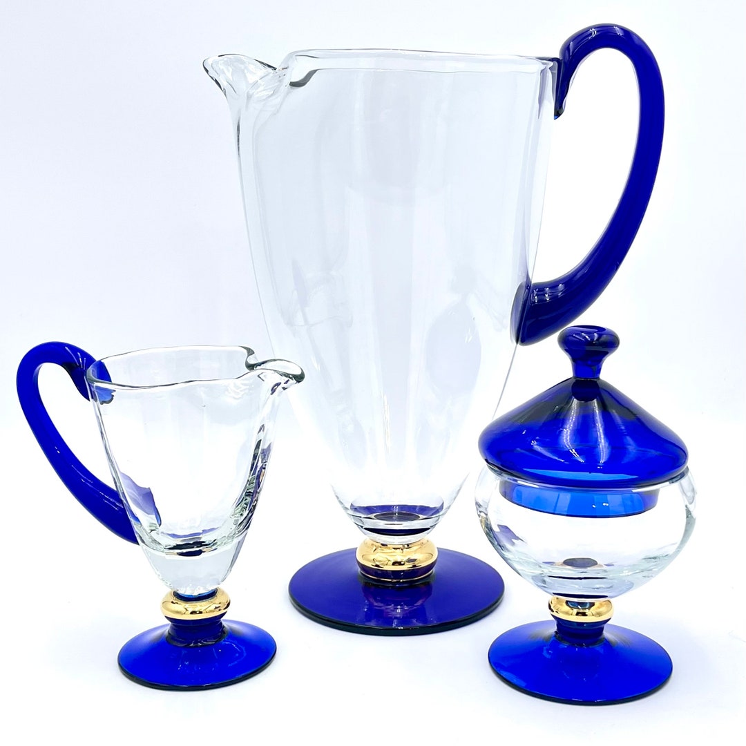 Vtg Romanian Cobalt Blue Tea Set Czech Bohemian Pitcher Sugar Creamer ...