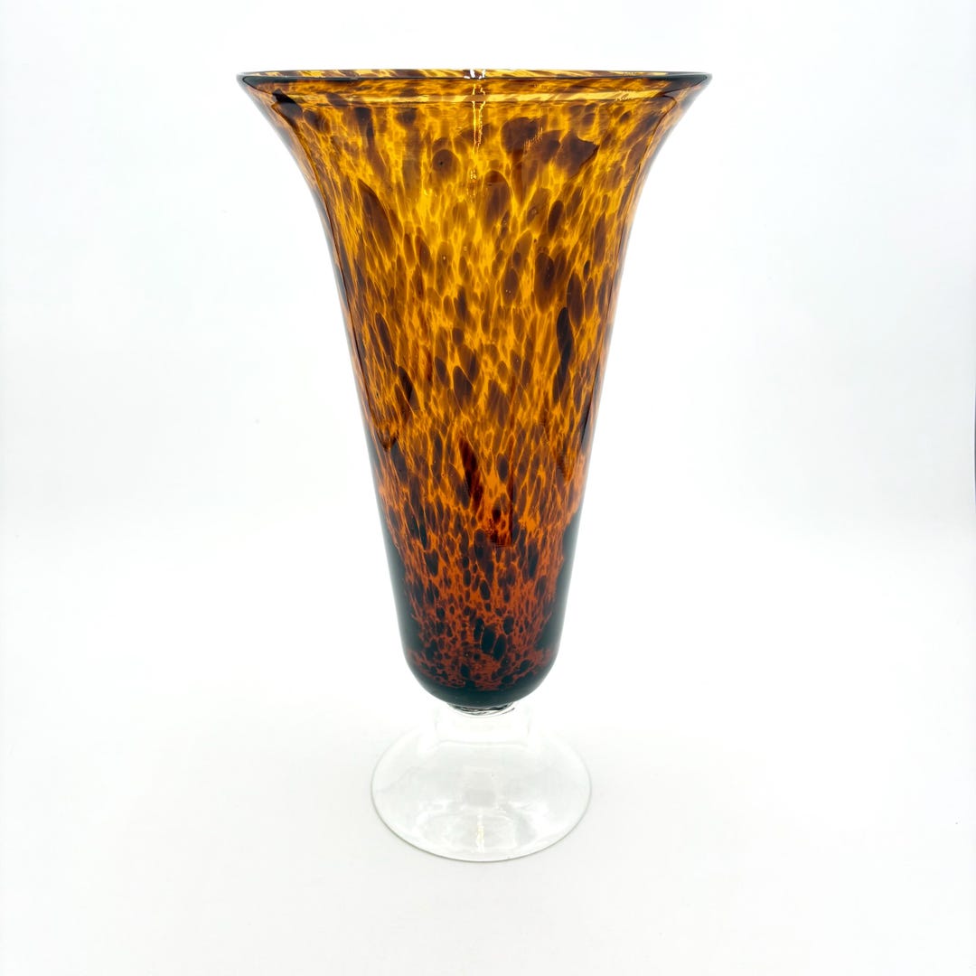 Art Glass Tortoise Vase Shell Speckled Brown Amber Flared Large Footed ...
