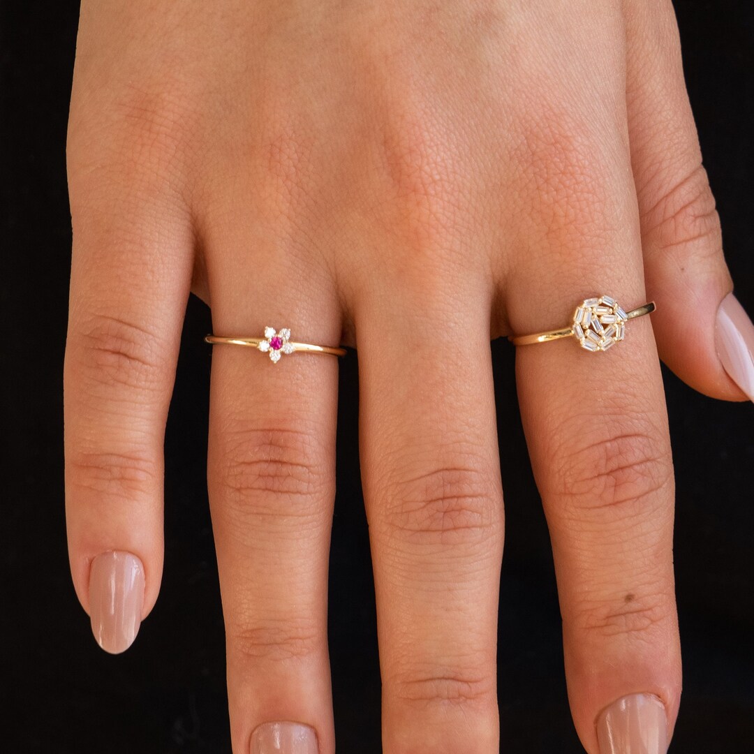 14k Solid Gold Floral Ring Diamond and Ruby Ring Minimalist Flower Ring ...