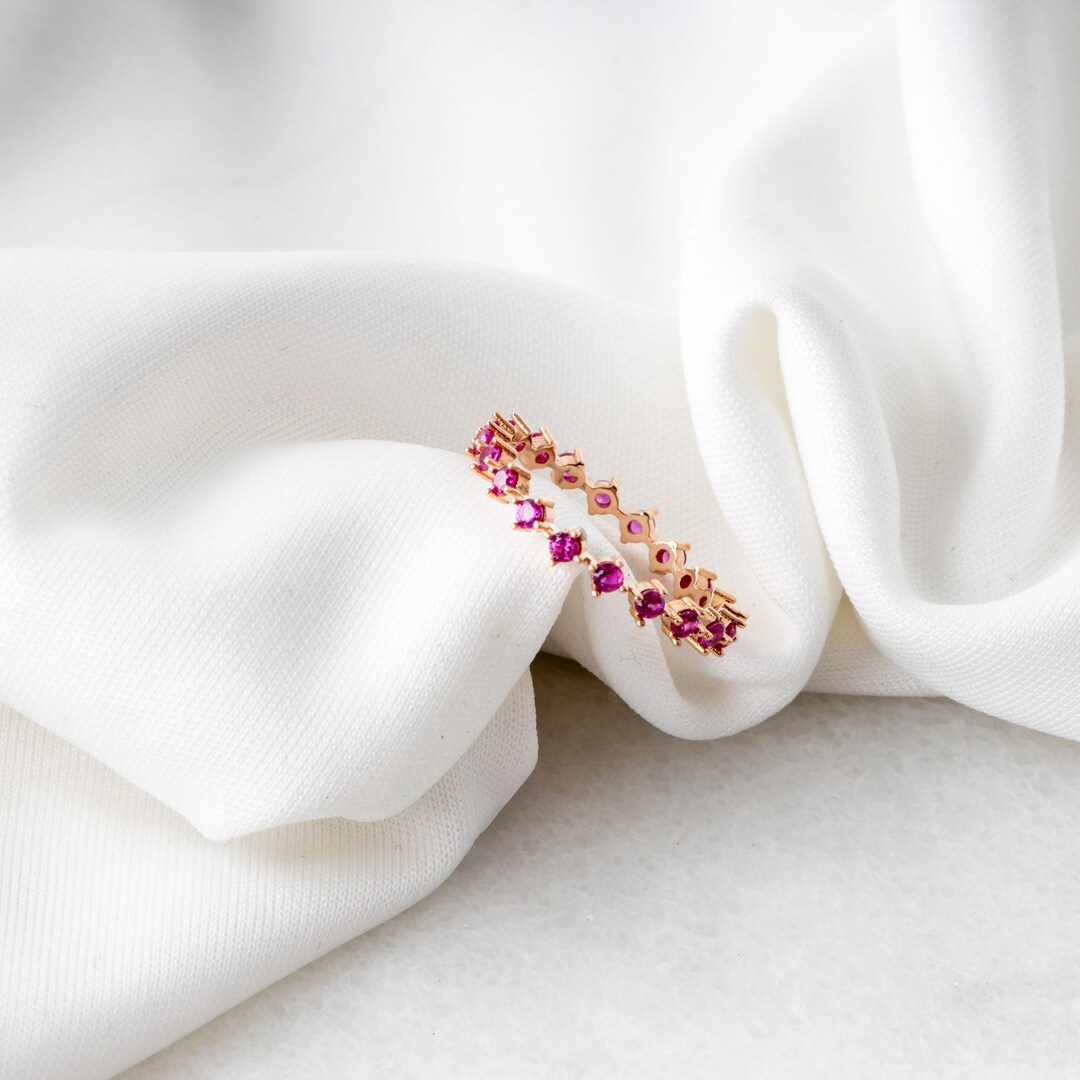 14k Solid Gold Ruby Ring Eternity Band Ring Micro Pave Ruby Ring Unique Wedding Band 14k Ruby ...