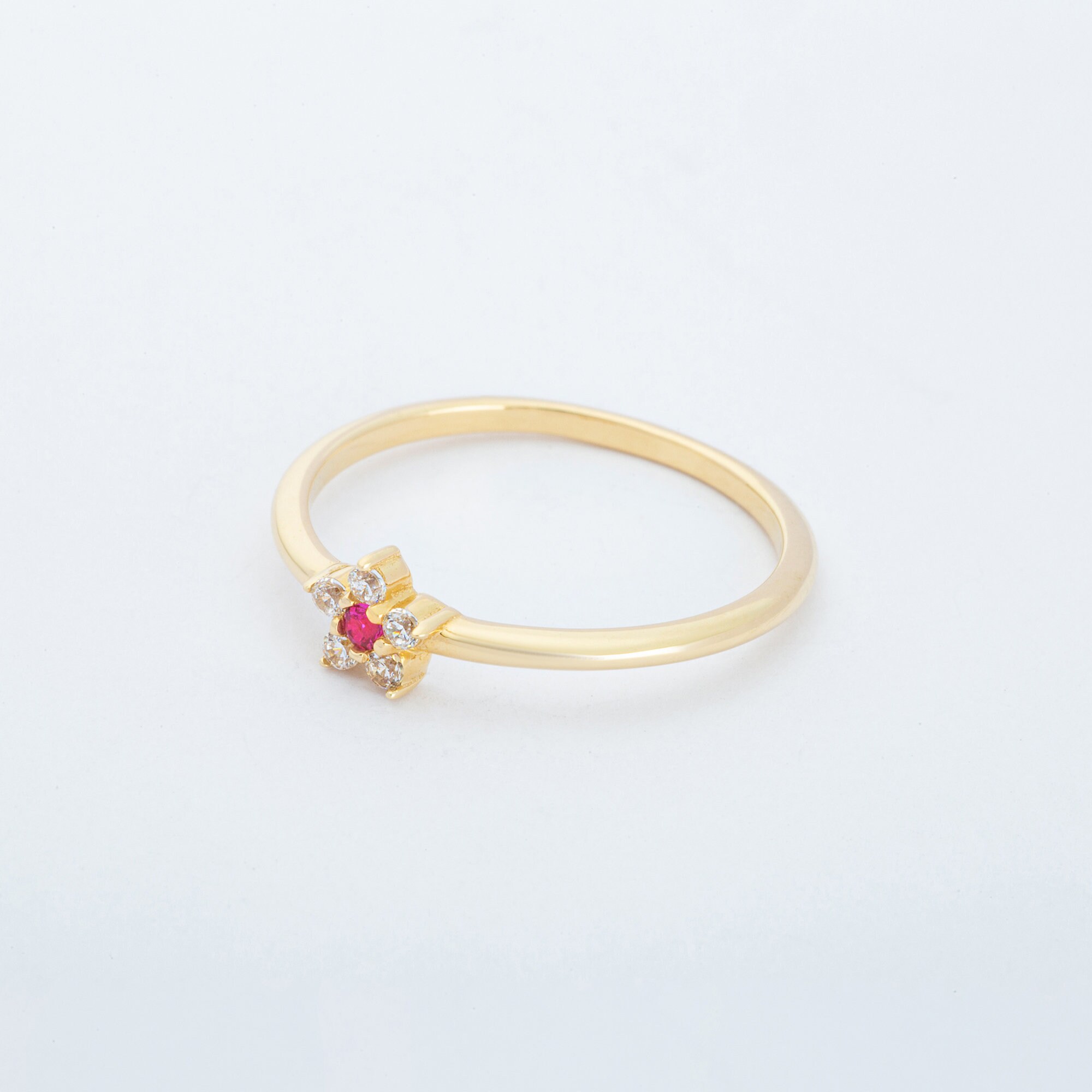 14k Solid Gold Floral Ring Diamond and Ruby Ring Minimalist Flower Ring ...