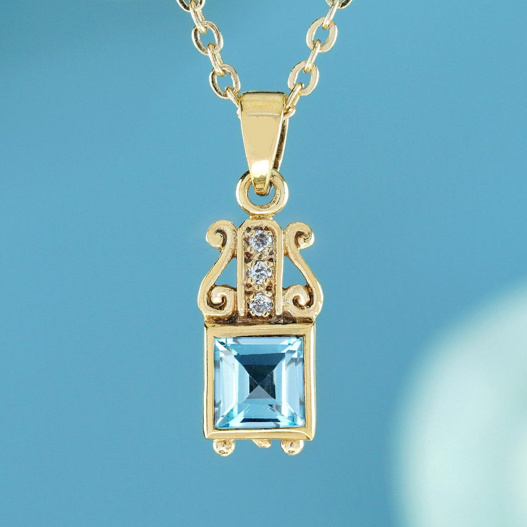 Natural Blue Topaz and Diamond Vintage Style Pendant in Solid Yellow ...
