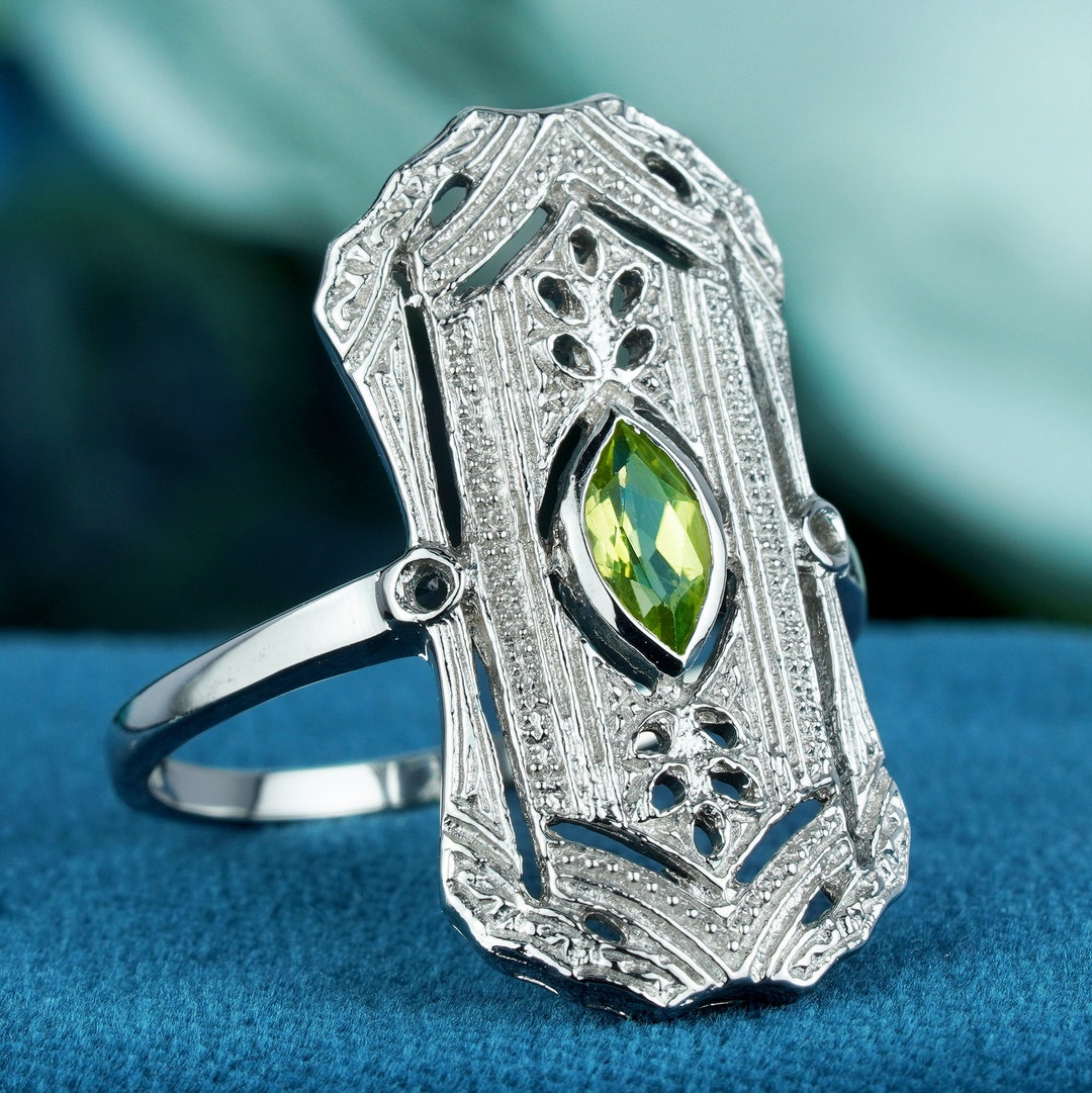 Natural Marquise Peridot Vintage Style Dinner Ring in Solid 9K White ...