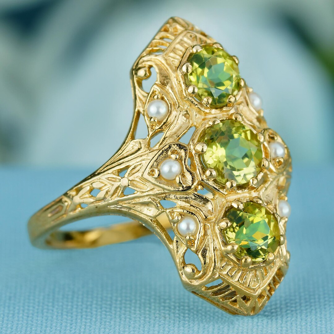 Edwardian Style Peridot Ring With Carved Pearl, Antique 9k Yellow Gold ...