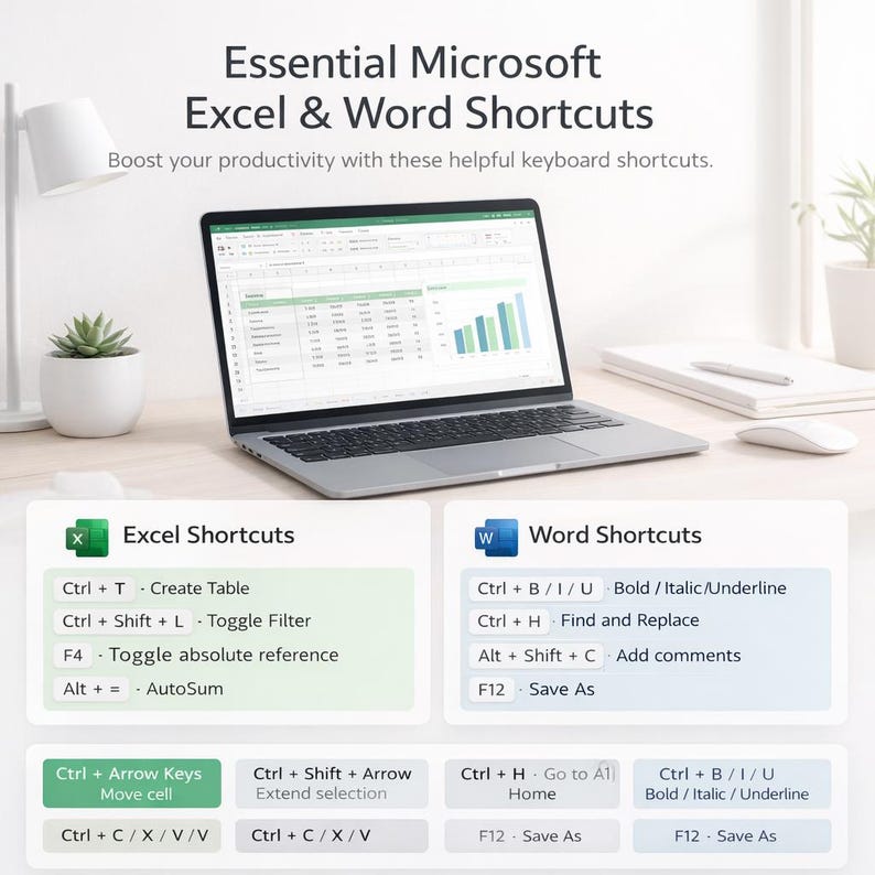 Microsoft Excell & Word Short Cut List - Etsy