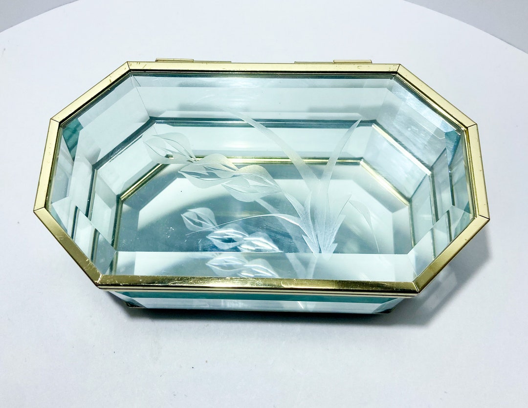 Vintage Octagon Beveled Glass Jewelry Box W/ Etched Leaf & Mirrored ...