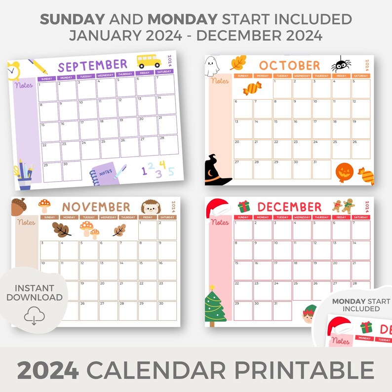 2024 Kids Printable Calendar, Printable Calendar for Children, Kids ...