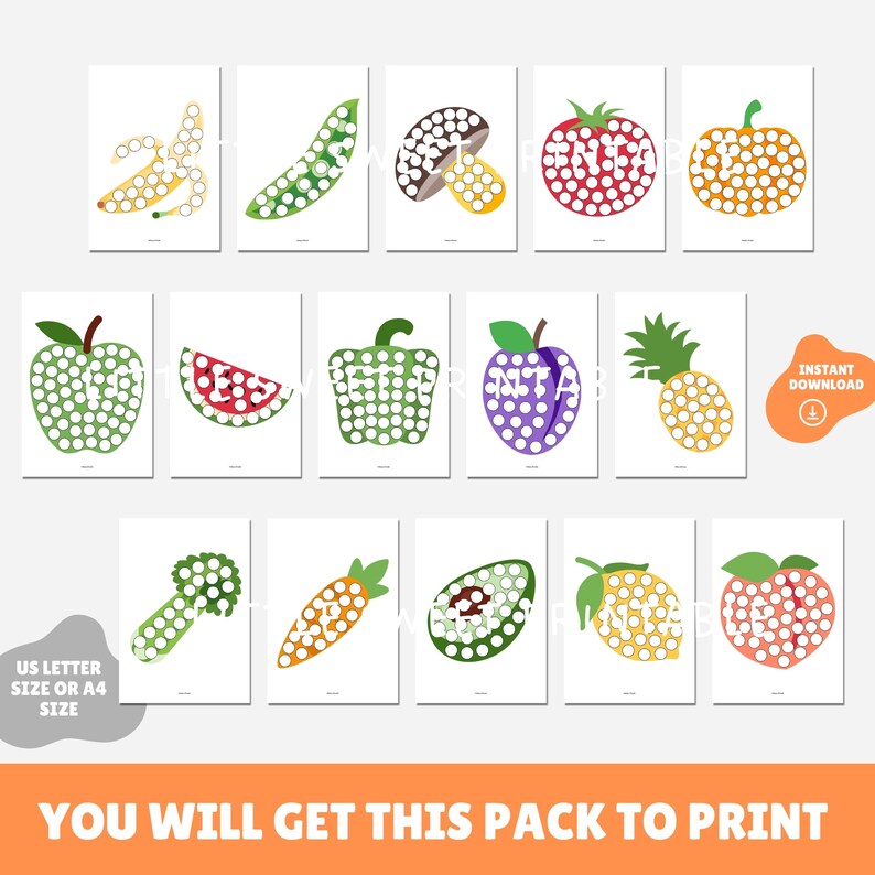Do a Dot Printable, Fruits Vegetables Dot Marker Pages, Easy Kids ...