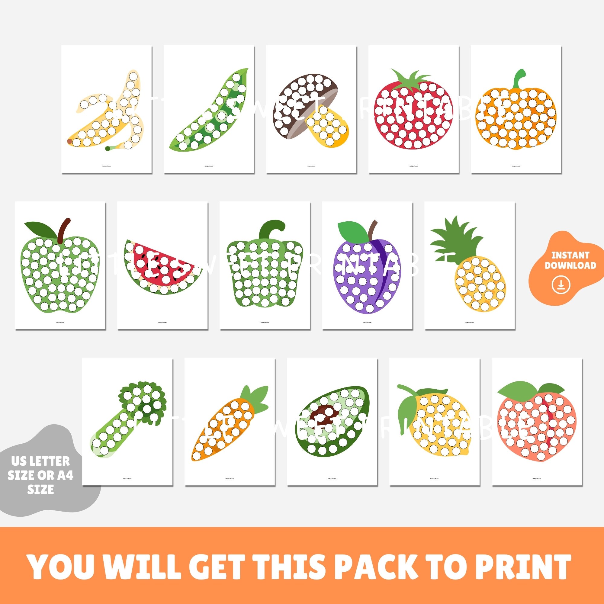 Do a Dot Printable, Fruits Vegetables Dot Marker Pages, Easy Kids ...