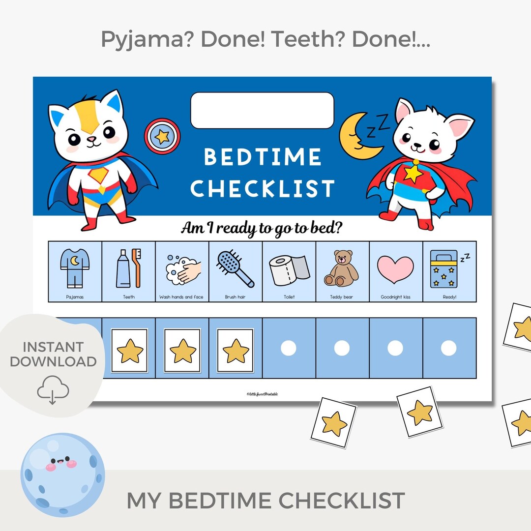 Bedtime Routine Chart, Kid Bed Time Routine Chart, Night Checklist With ...