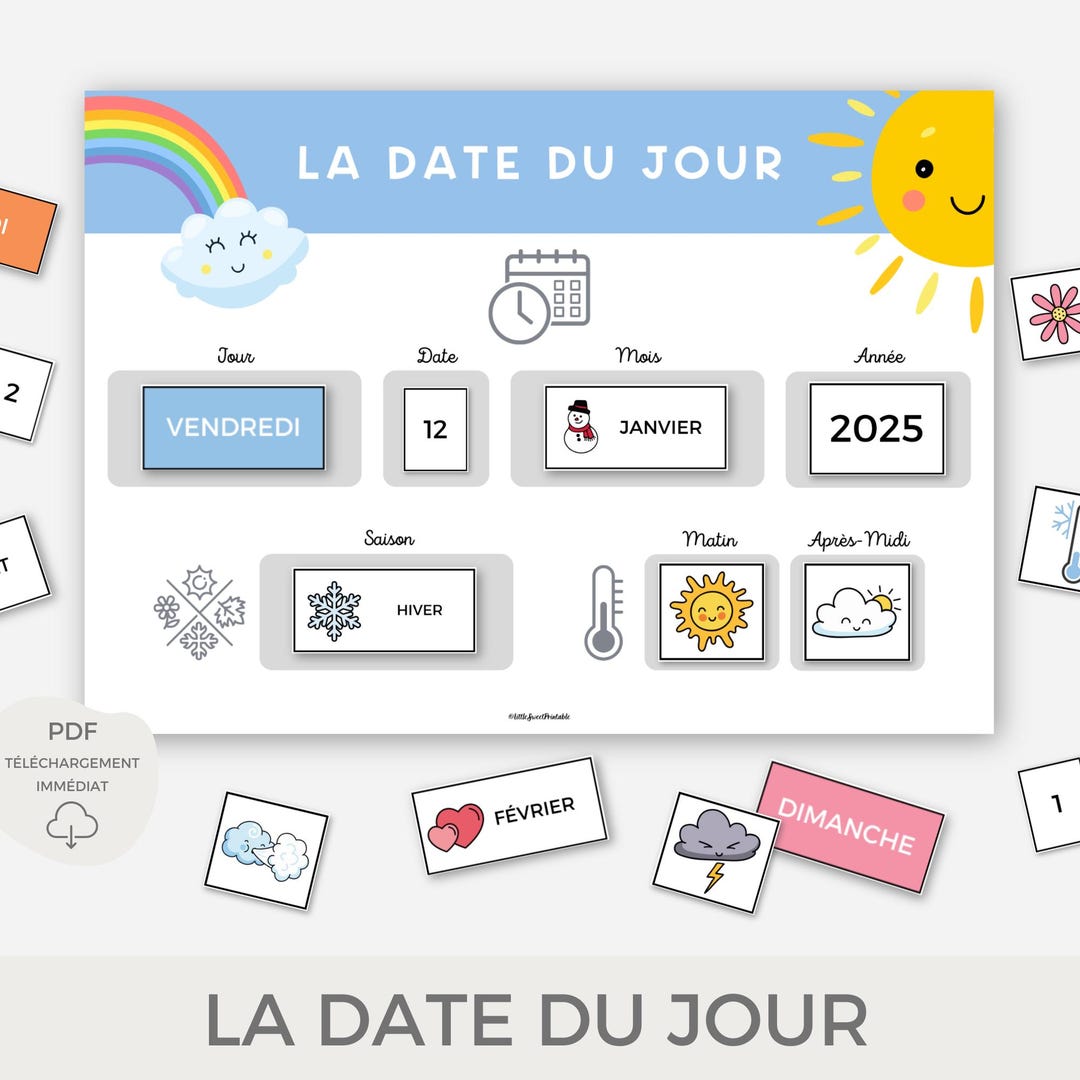 Calendrier enfant à imprimer, Date du jour, Calendrier perpétuel ...