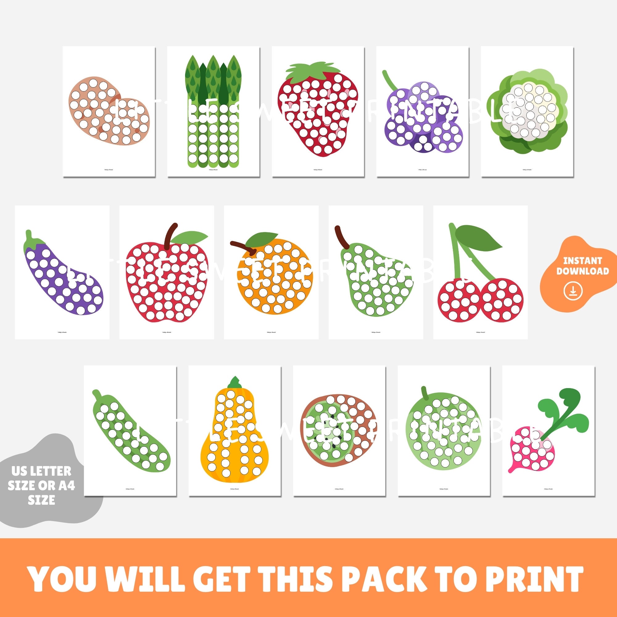 Do a Dot Printable, Fruits Vegetables Dot Marker Pages, Easy Kids ...