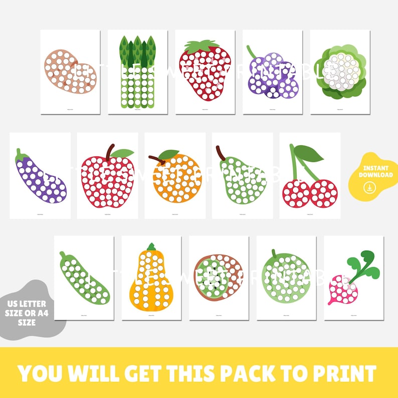 Do a Dot Printable, Fruits Vegetables Dot Marker Pages, Easy Kids ...