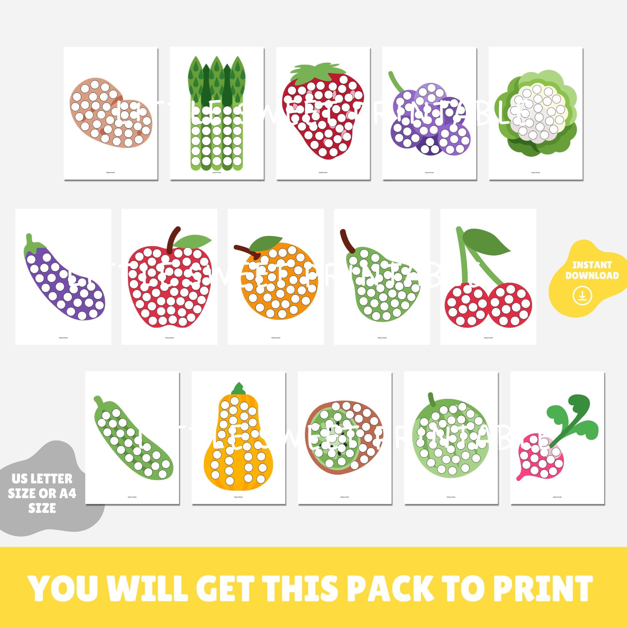 Do a Dot Printable, Fruits Vegetables Dot Marker Pages, Easy Kids ...