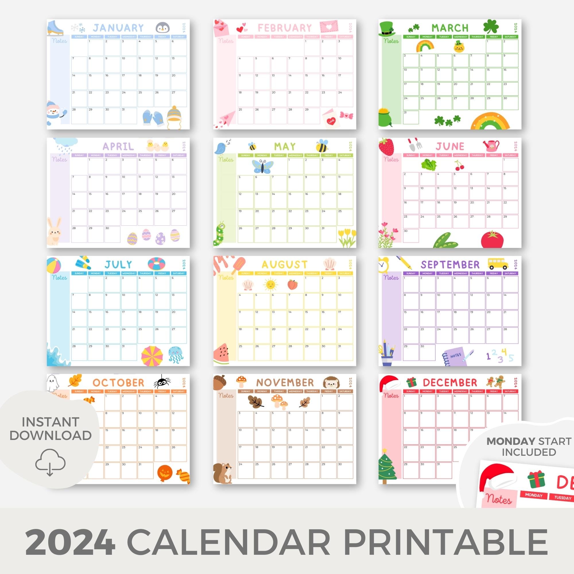 2024 Kids Printable Calendar, Printable Calendar for Children, Kids ...